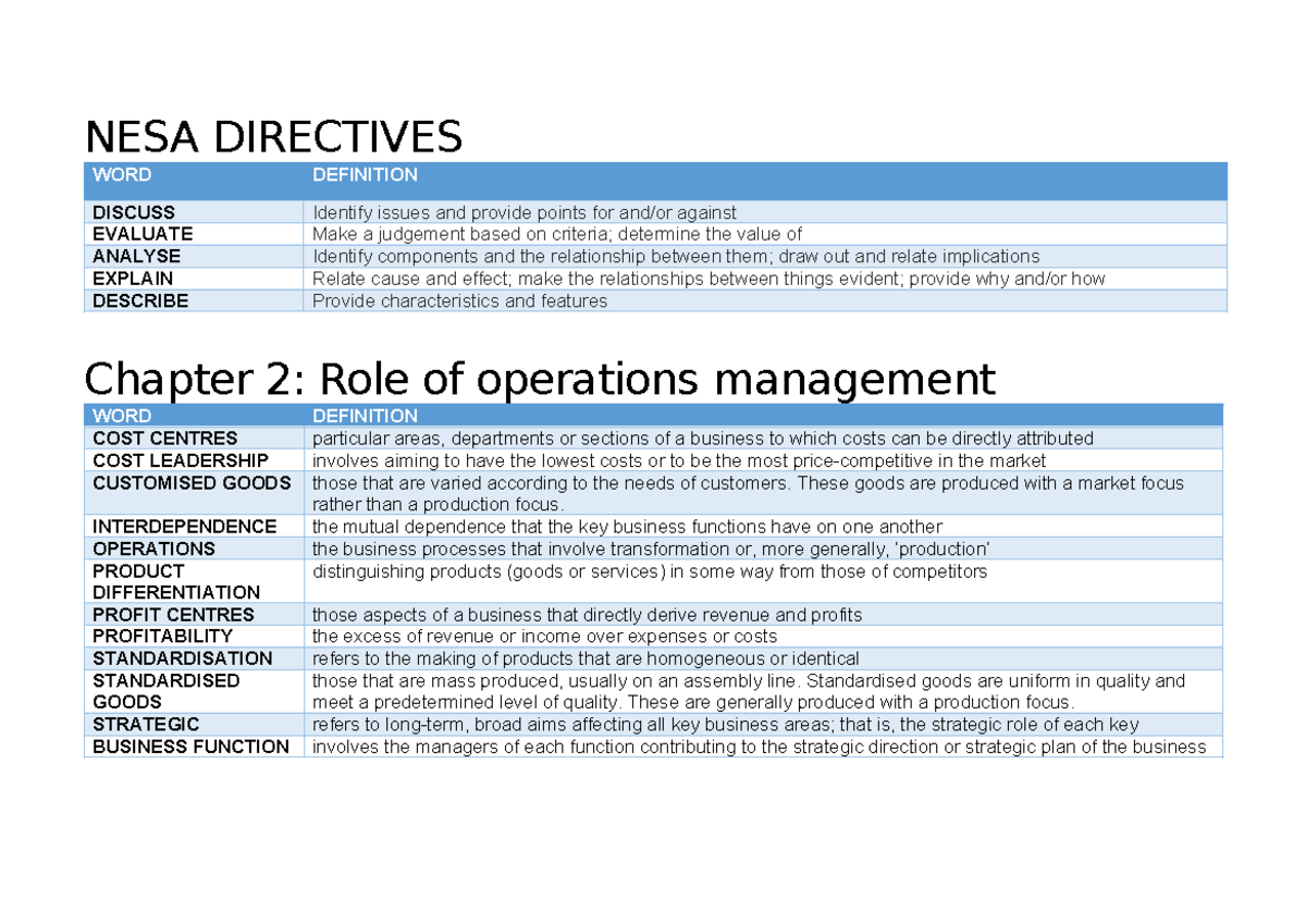 NESA T1 Vocabulary: Operations Management Key Terms and Concepts - Studocu
