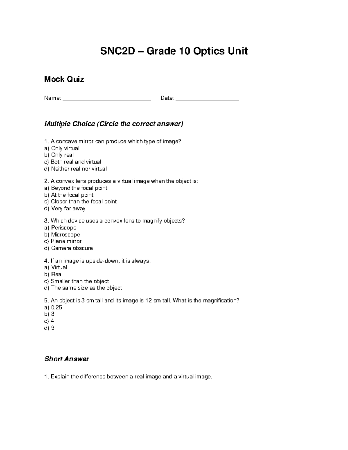 SNC2D Grade 10 Optics Unit Mock Quiz and Answers - Studocu