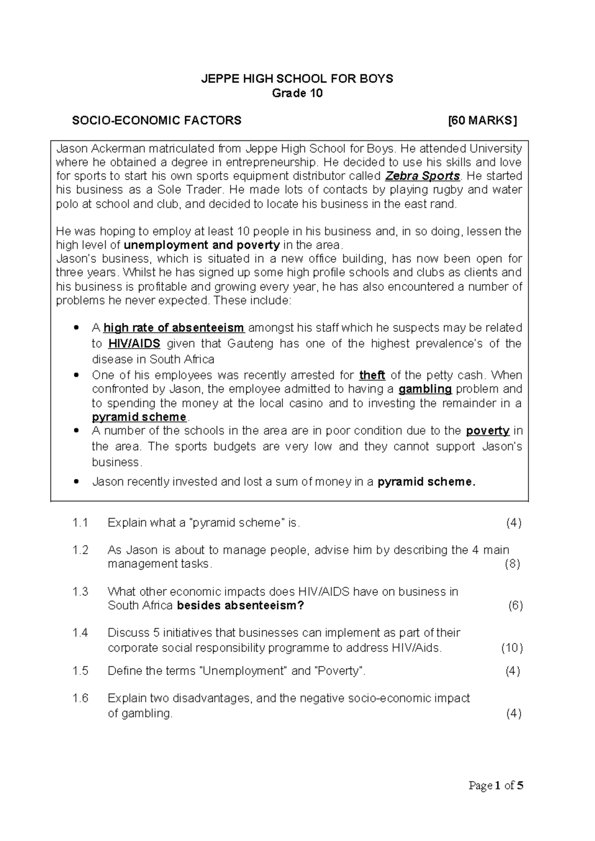 Grade 10 Business Studies Case Study 1: Socio-Economic Issues Analysis ...