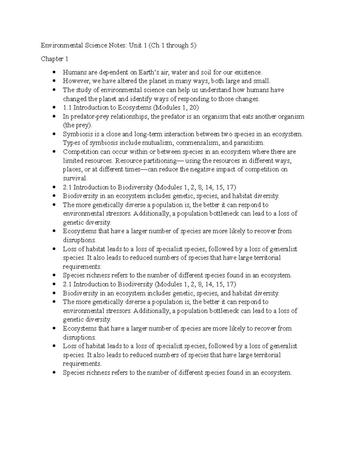 Environmental Science Notes: Unit 1 Overview (Ch 1-5) - Studocu