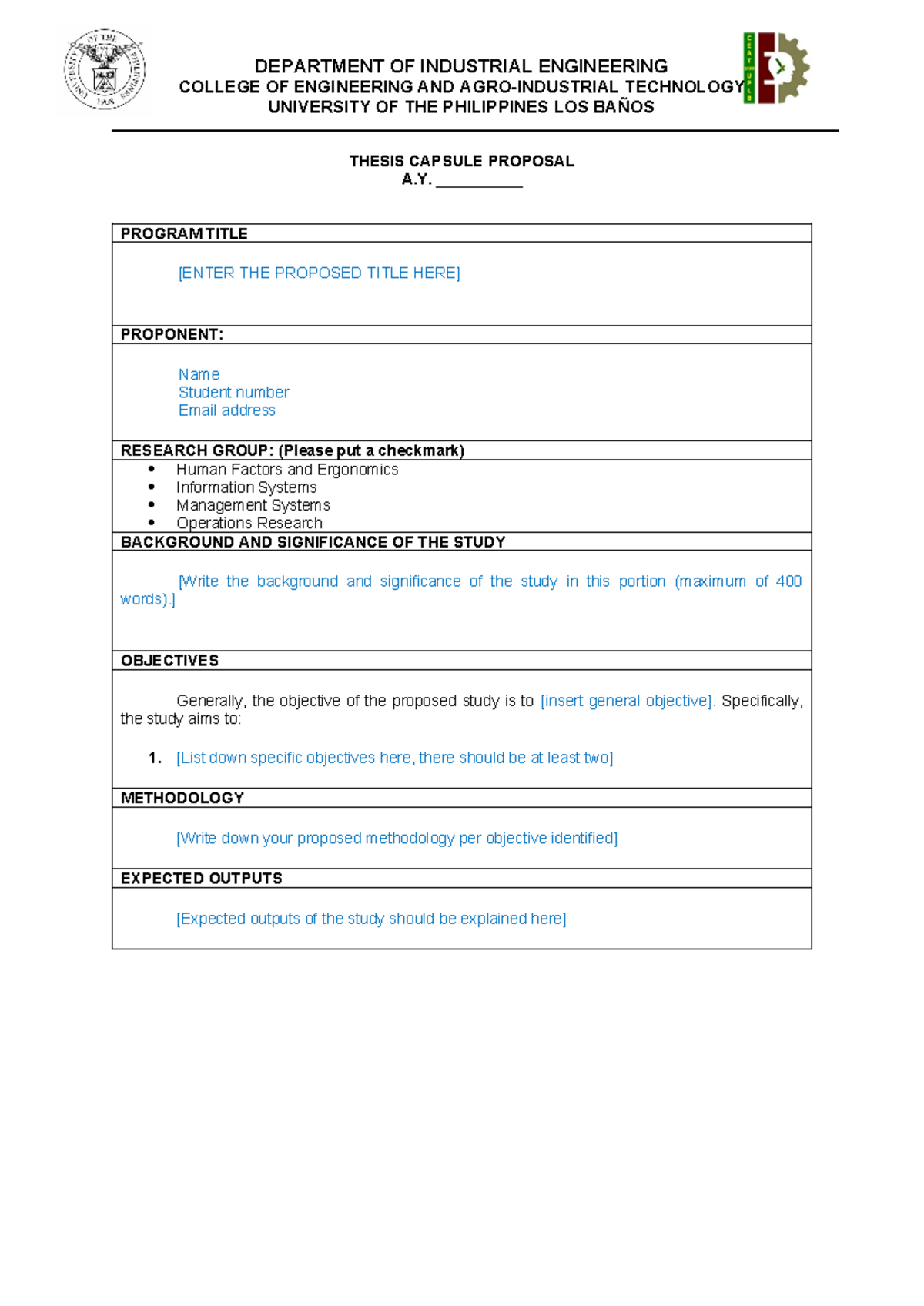 Thesis Capsule Proposal Template for IE 2023 - Studocu