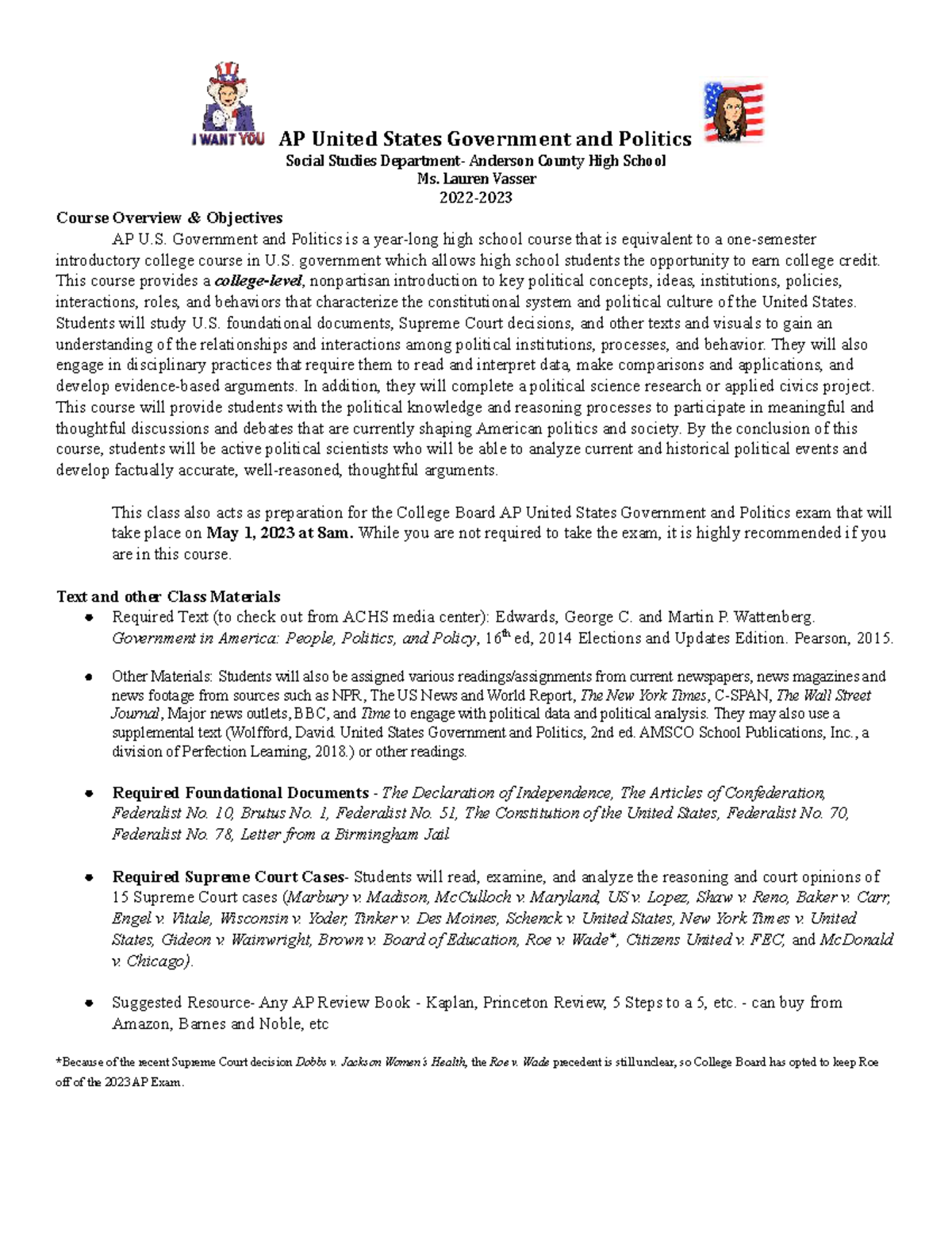 AP U.S. Government & Politics Syllabus 2022-2023 - Ms. Vasser - Studocu