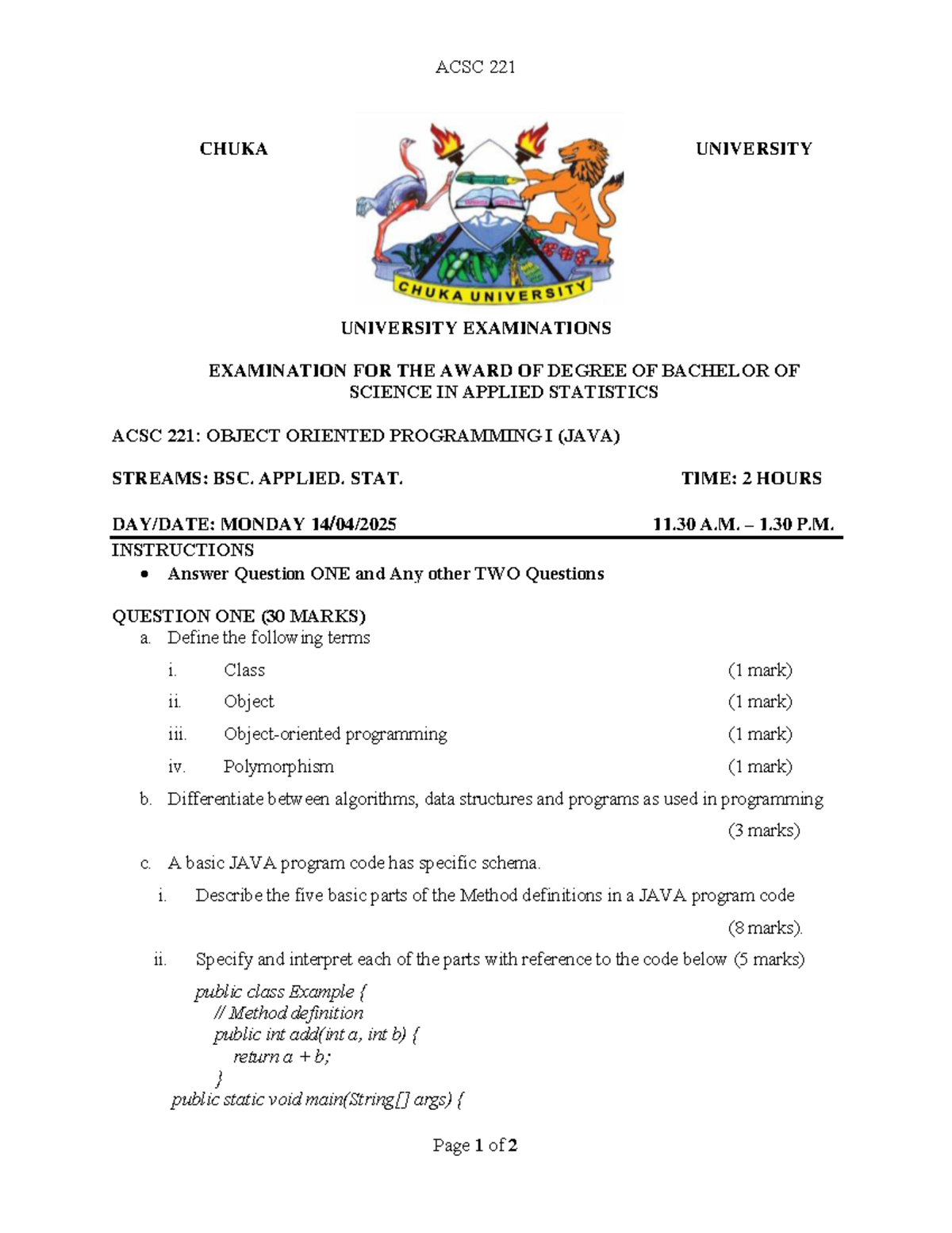 ACSC 221 - Revision Notes for Object Oriented Programming I (JAVA ...