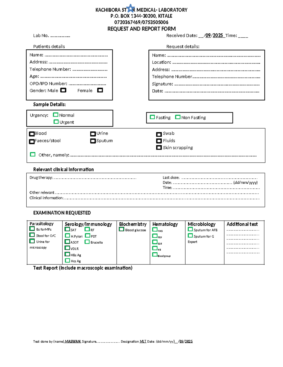 KACHIBORA STAR Lab Request & Report Form - Studocu