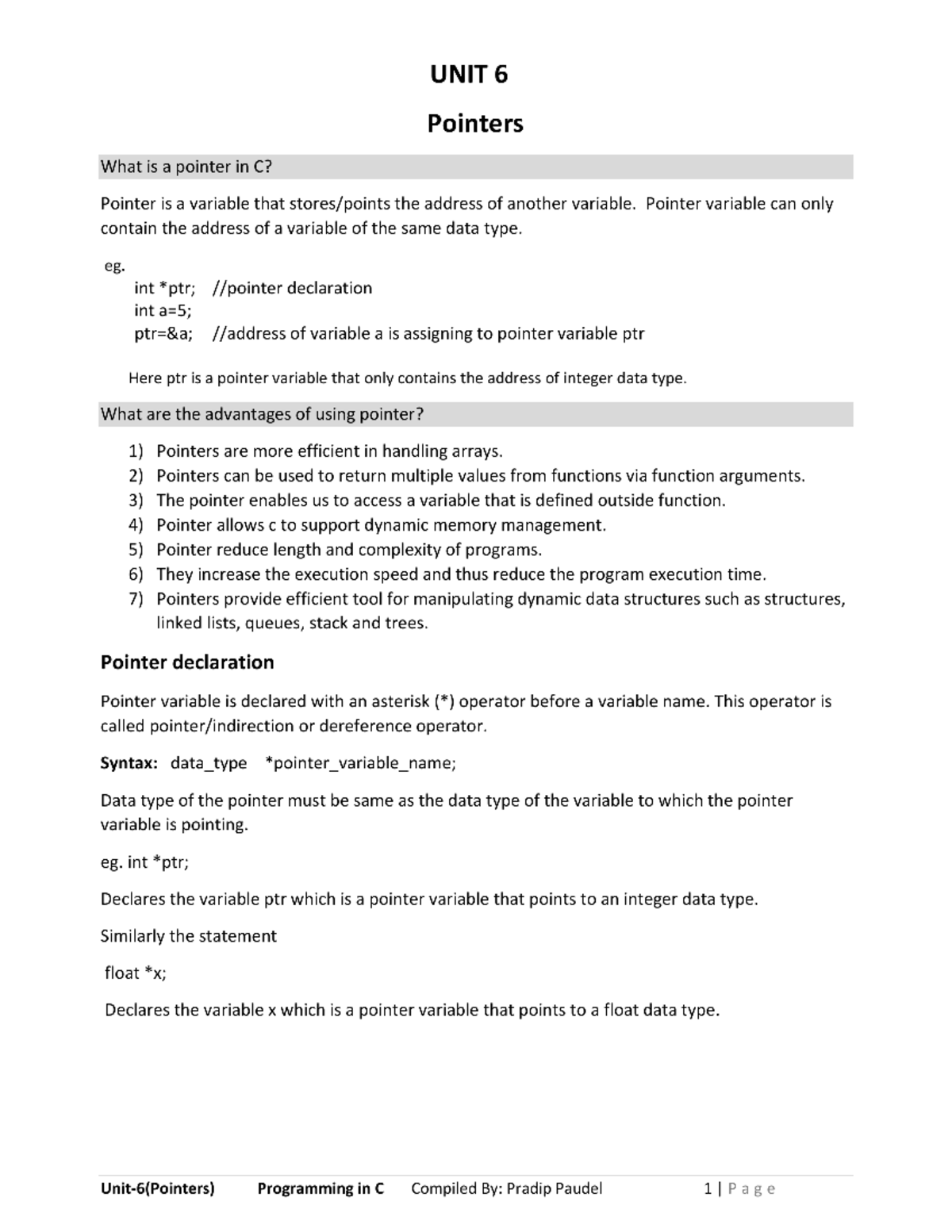 C Programming Unit 6: Understanding Pointers and Their Applications - Studocu