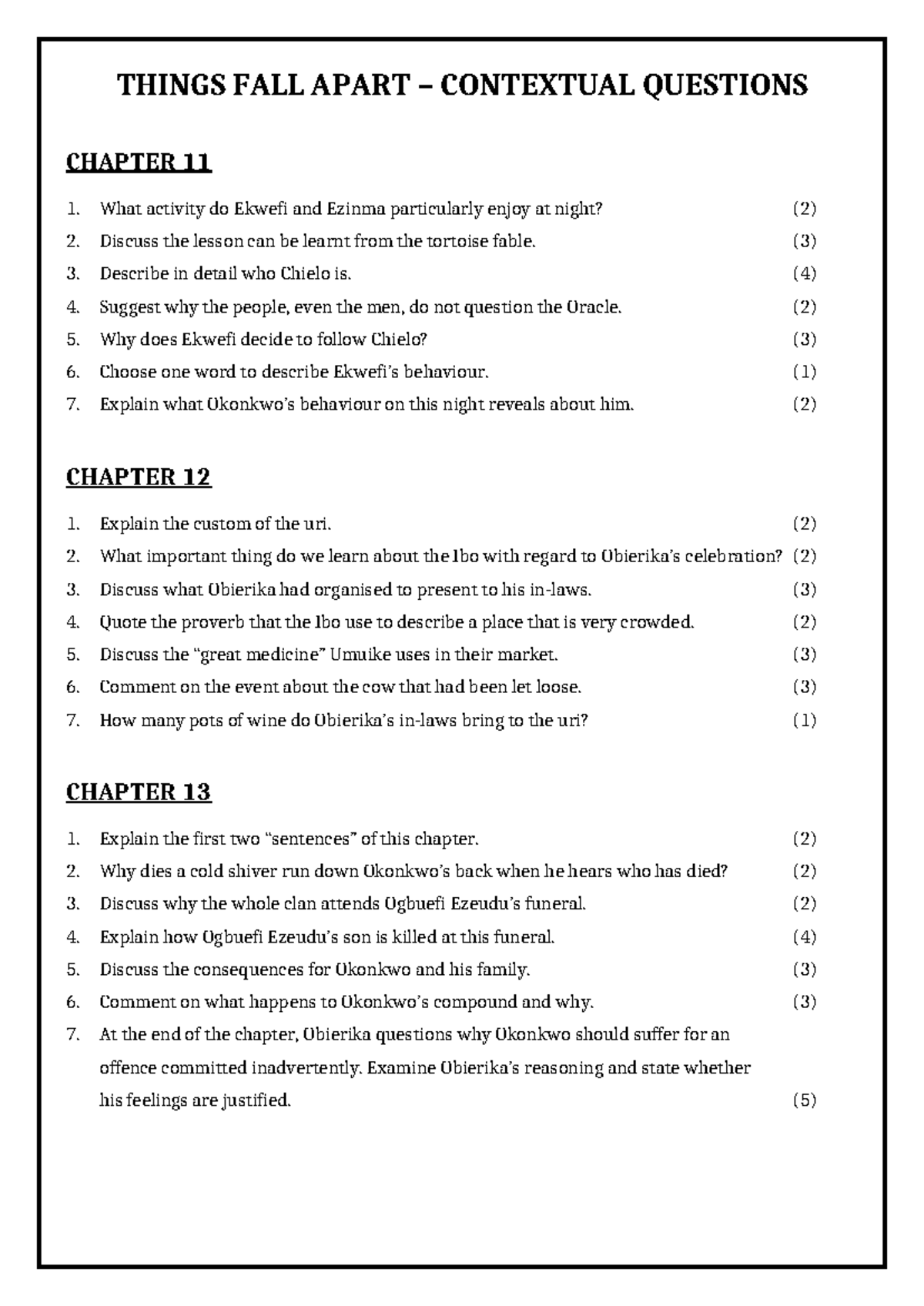 THINGS FALL APART CONTEXTUAL QUESTIONS CHAPTERS 11-13 - Studocu