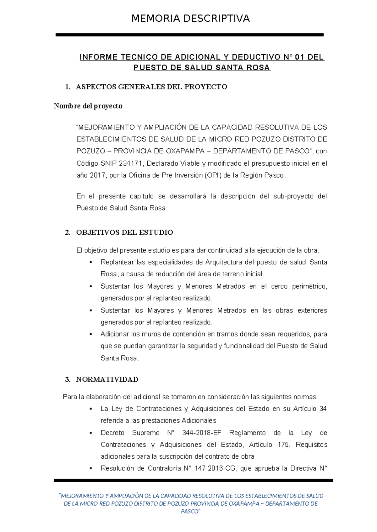 Informe Técnico SNIP 234171: Adicional y Deductivo del Puesto de Salud ...
