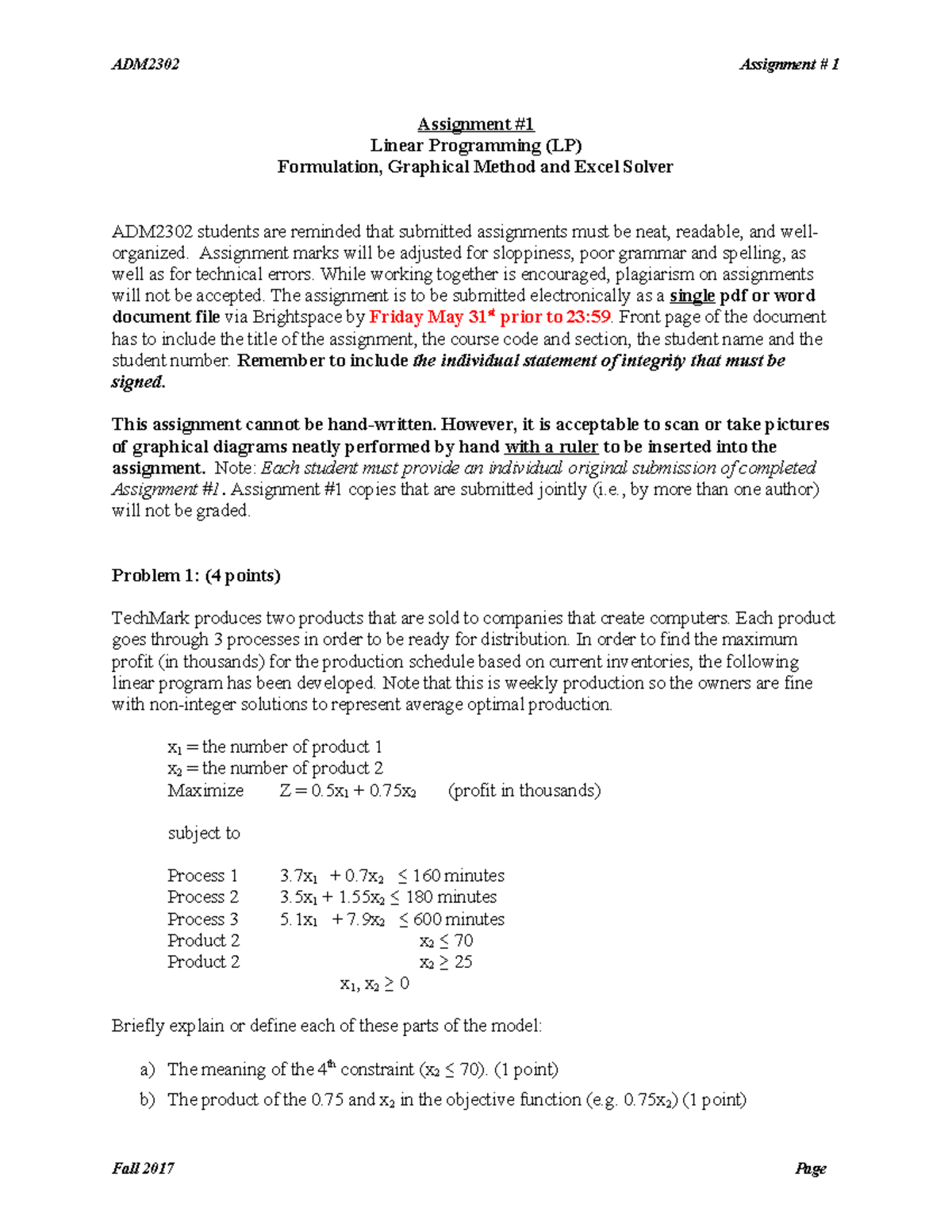 1. ADM 2302 Assignment 1 S24 - ADM2302 Assignment # 1 Assignment # Linear Programming (LP) - Studocu