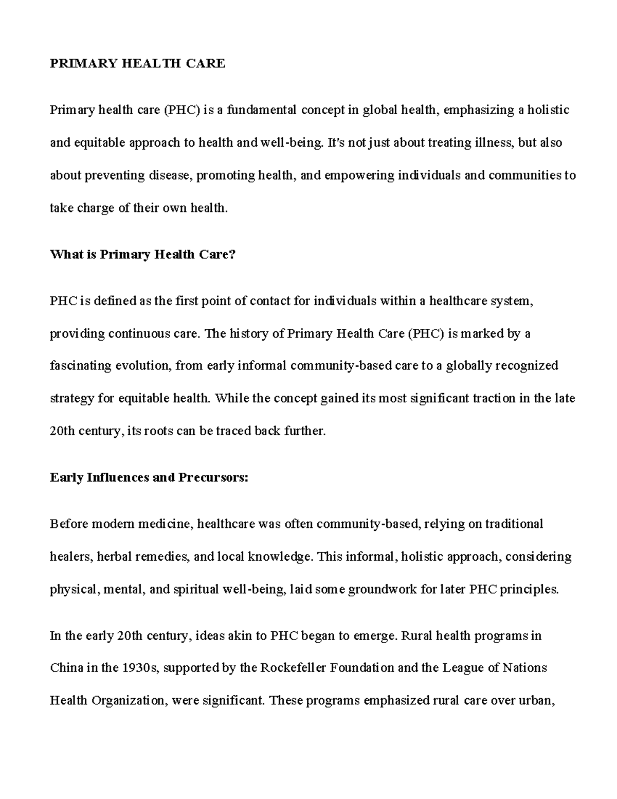 PHC 101: Comprehensive Overview of Primary Health Care Principles - Studocu