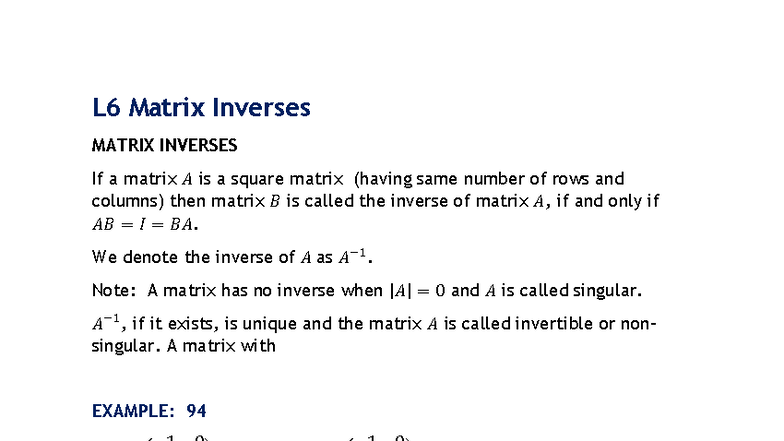 L6 Matrix Inverses: Understanding and Applications - Studocu
