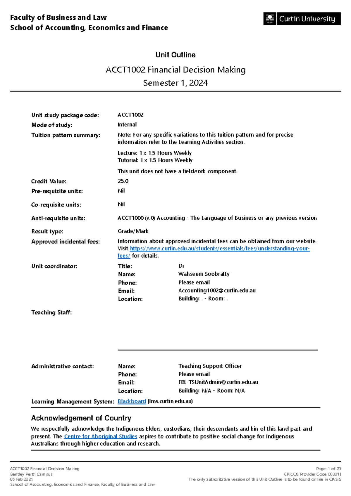 ACCT1002 Financial Decision Making Unit Outline - Semester 1, 2024 ...