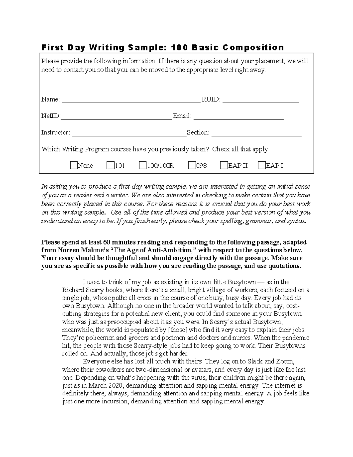 First Day Writing Sample 2022: Basic Composition Exercise Guide - Studocu