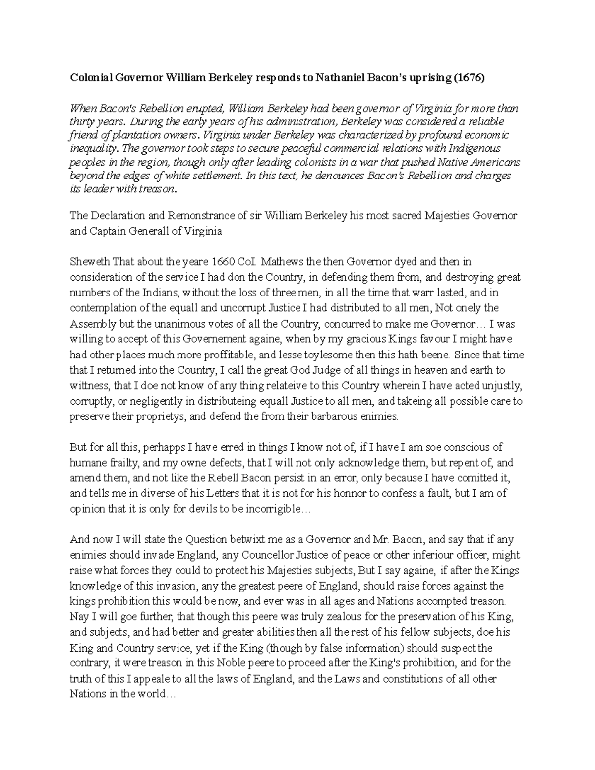 Governor Berkeley's Declaration on Bacon's Rebellion (1676) - Studocu