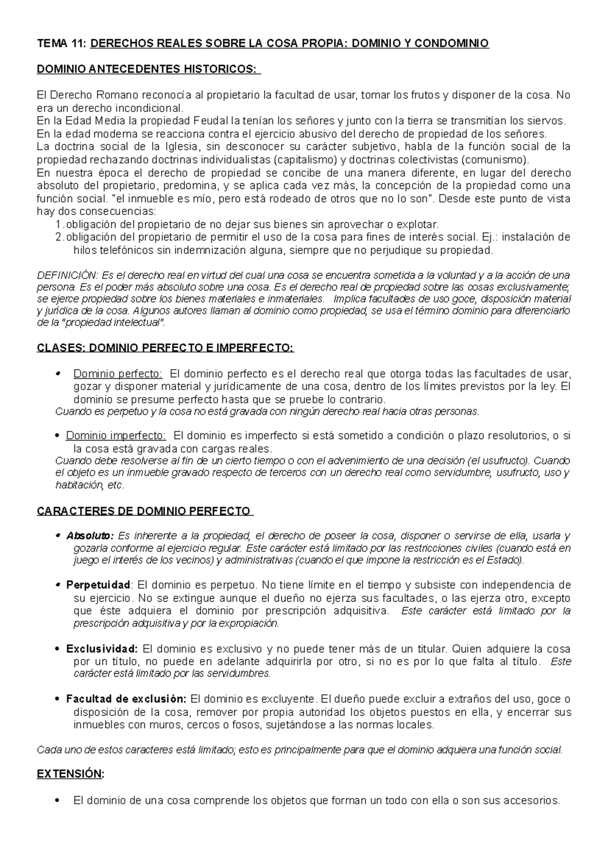 TEMA 11 - Dominio y Condominio - TEMA 11: DERECHOS REALES SOBRE LA COSA ...