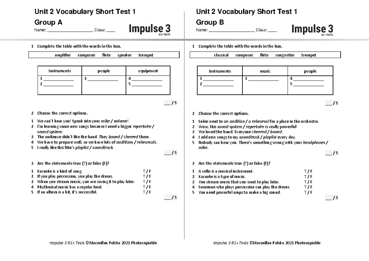 Unit 2 Vocabulary Short Test 2 A & B - Impulse 3 B1+ - Studocu