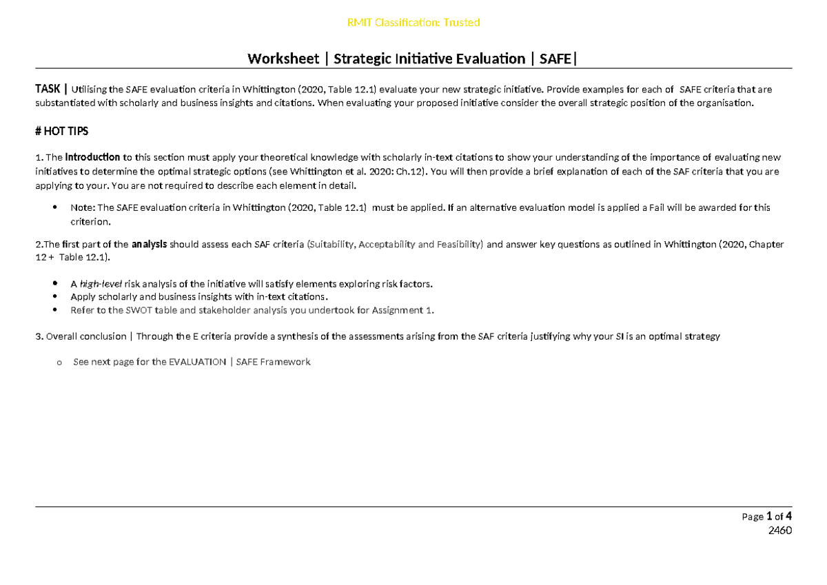 Strategic Initiative Evaluation SAFE Worksheet 2460 - Worksheet ...