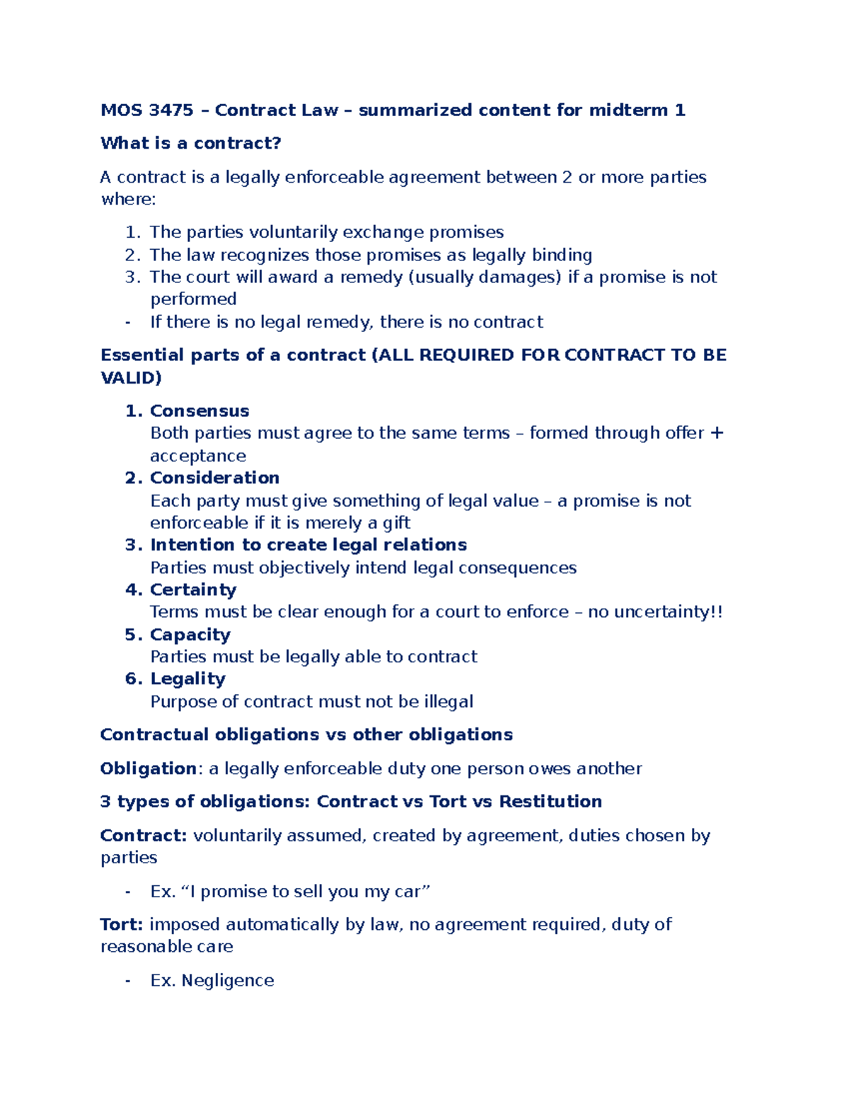 MOS 3475 Contract Law Midterm 1 Summary: Key Concepts and Principles ...