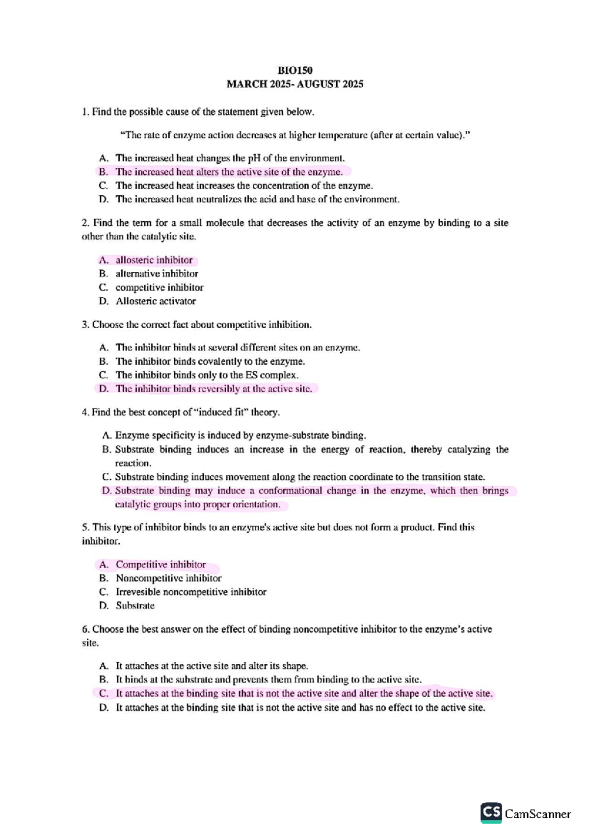 BIO150 Final Exam Review: Enzyme Action & Inhibition Concepts - Studocu