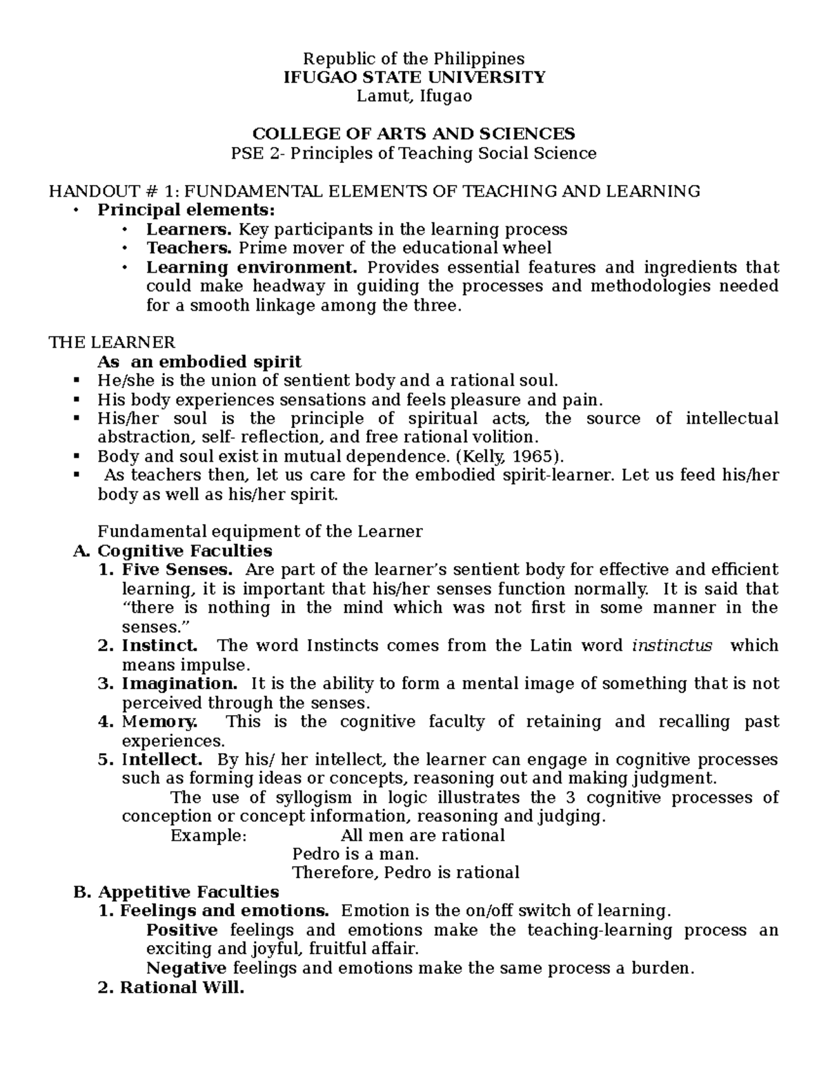 Hand out #1-The Learner - Republic of the Philippines IFUGAO STATE ...