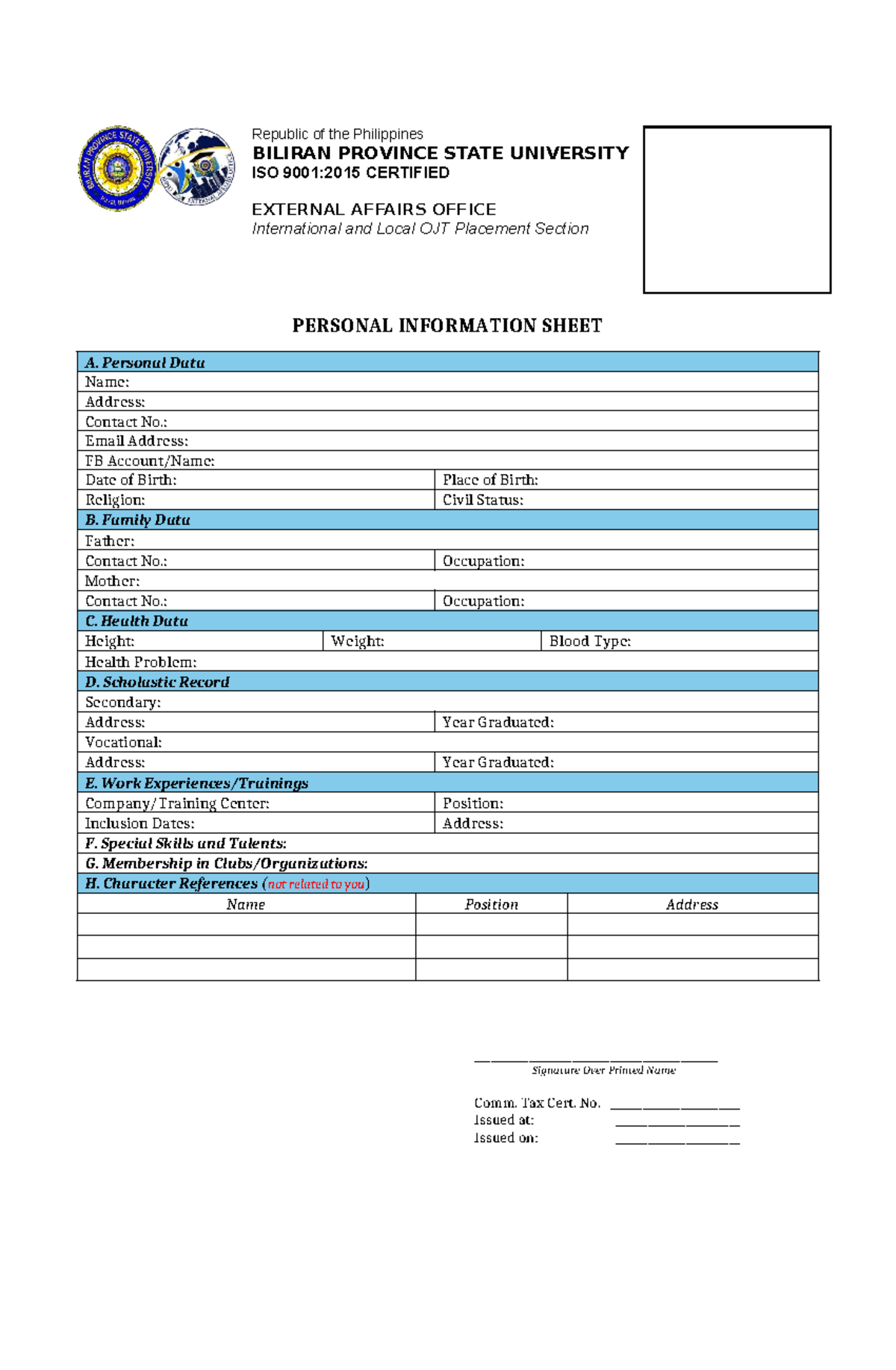 4-PDS-NEW: Personal Data Sheet for OJT Placement at Biliran State ...
