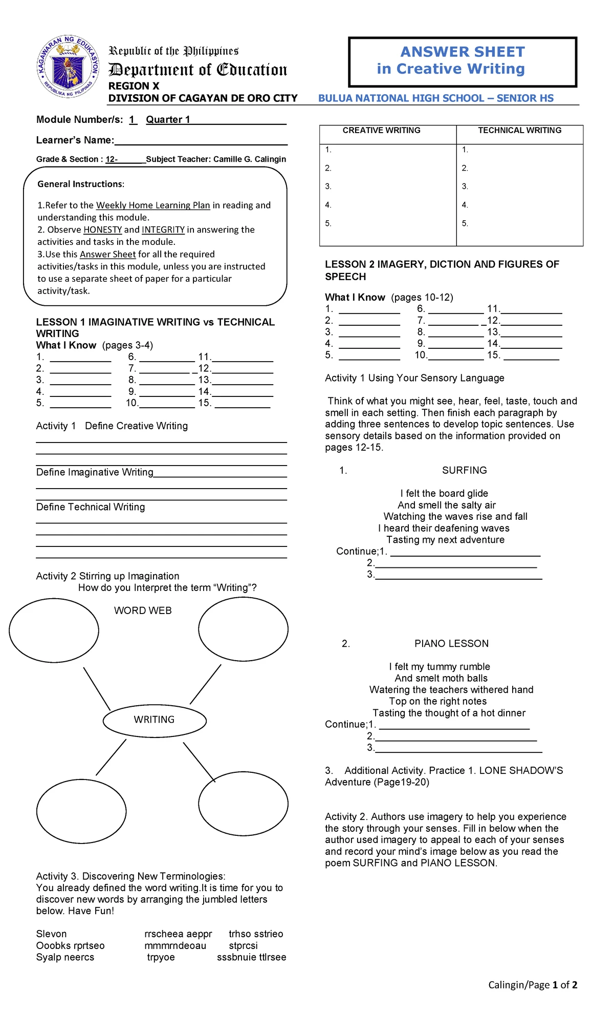 TABLE OF SPECIFICATIONS OR TOS - Module 3 Lesson 1: The Table of ...
