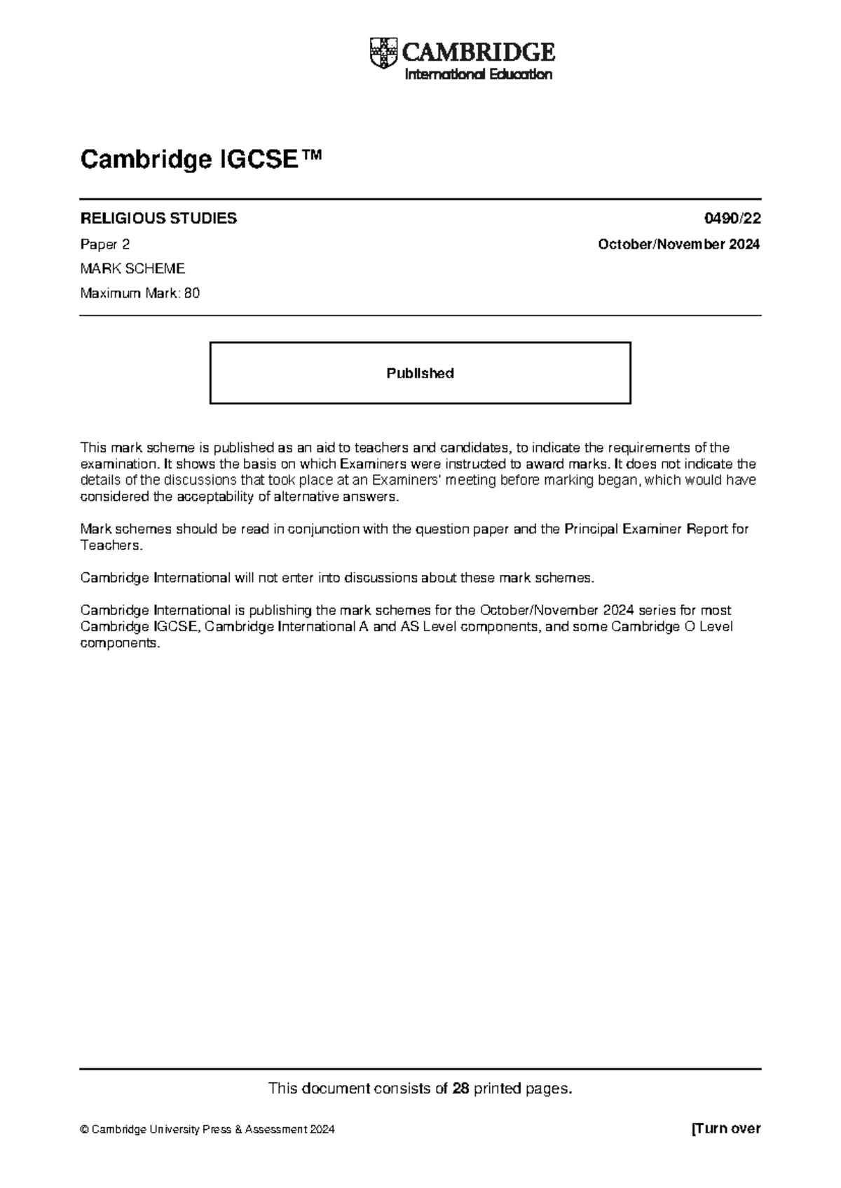 Cambridge IGCSE RELIGIOUS STUDIES Paper 2 2024 Mark Scheme - Studocu