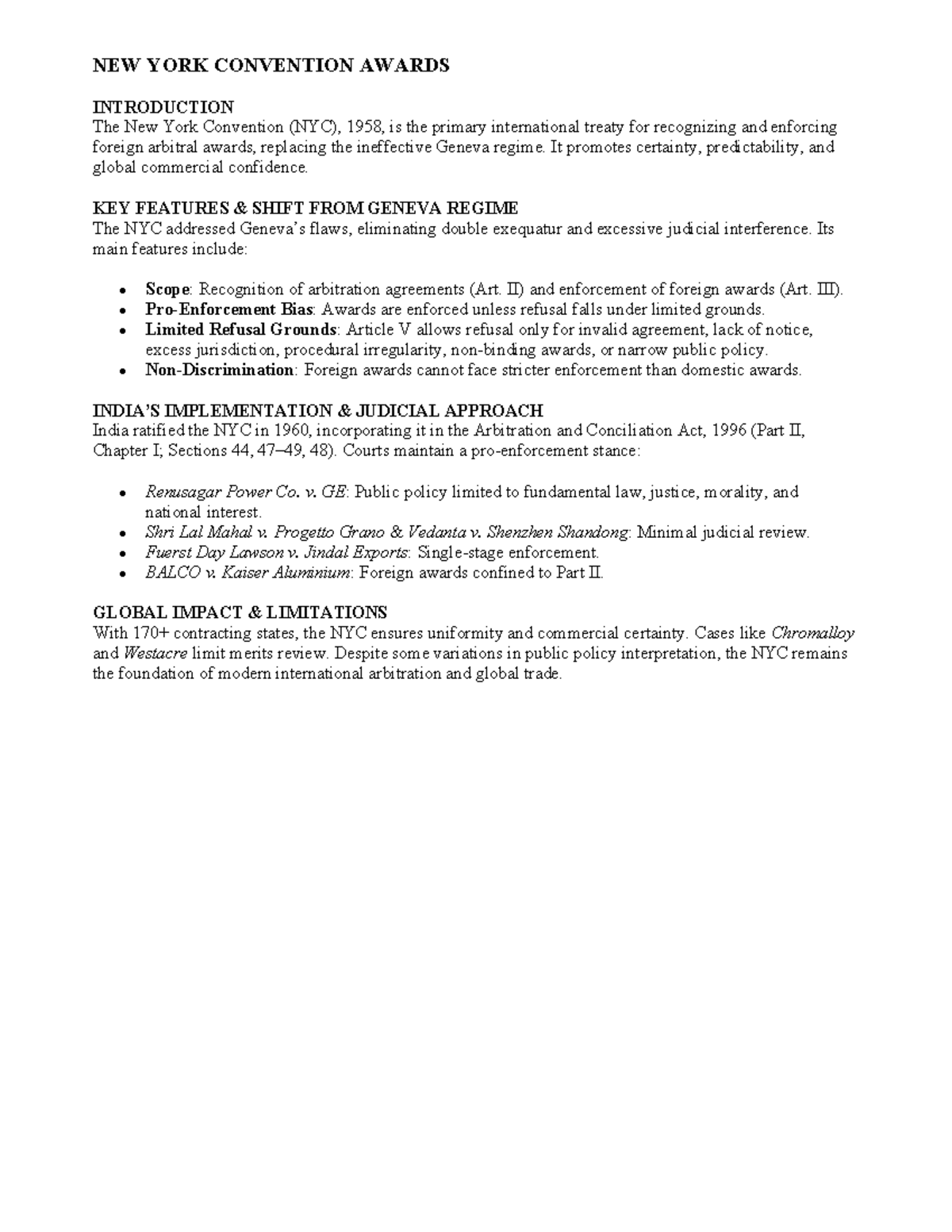 NYC 1958: Overview of International Arbitration Awards - Studocu