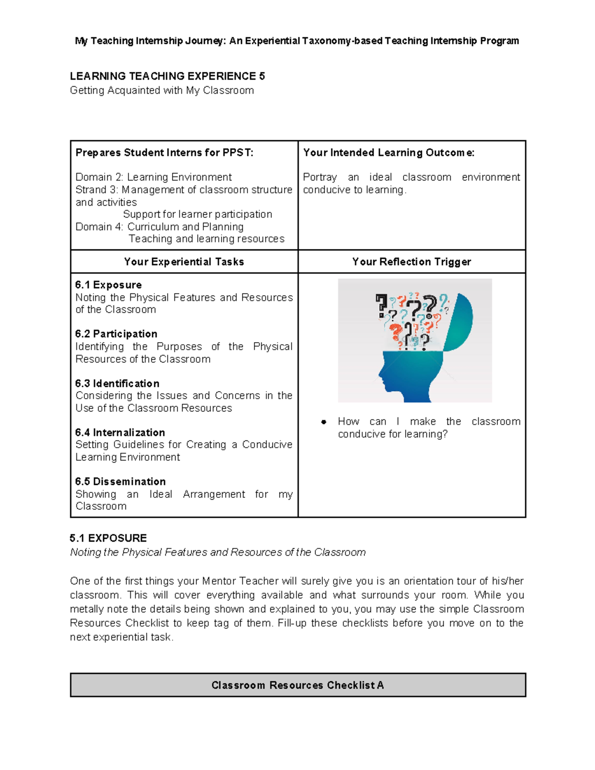 OJT-LTE5 - Classroom Management and Resources Reflection - Studocu