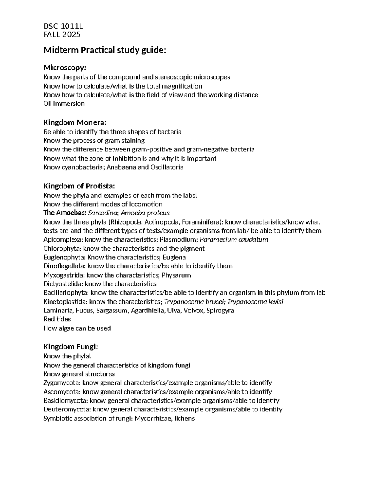 BSC 1011L Fall 2025 Midterm Practical Study Guide: Microbiology & Botany - Studocu