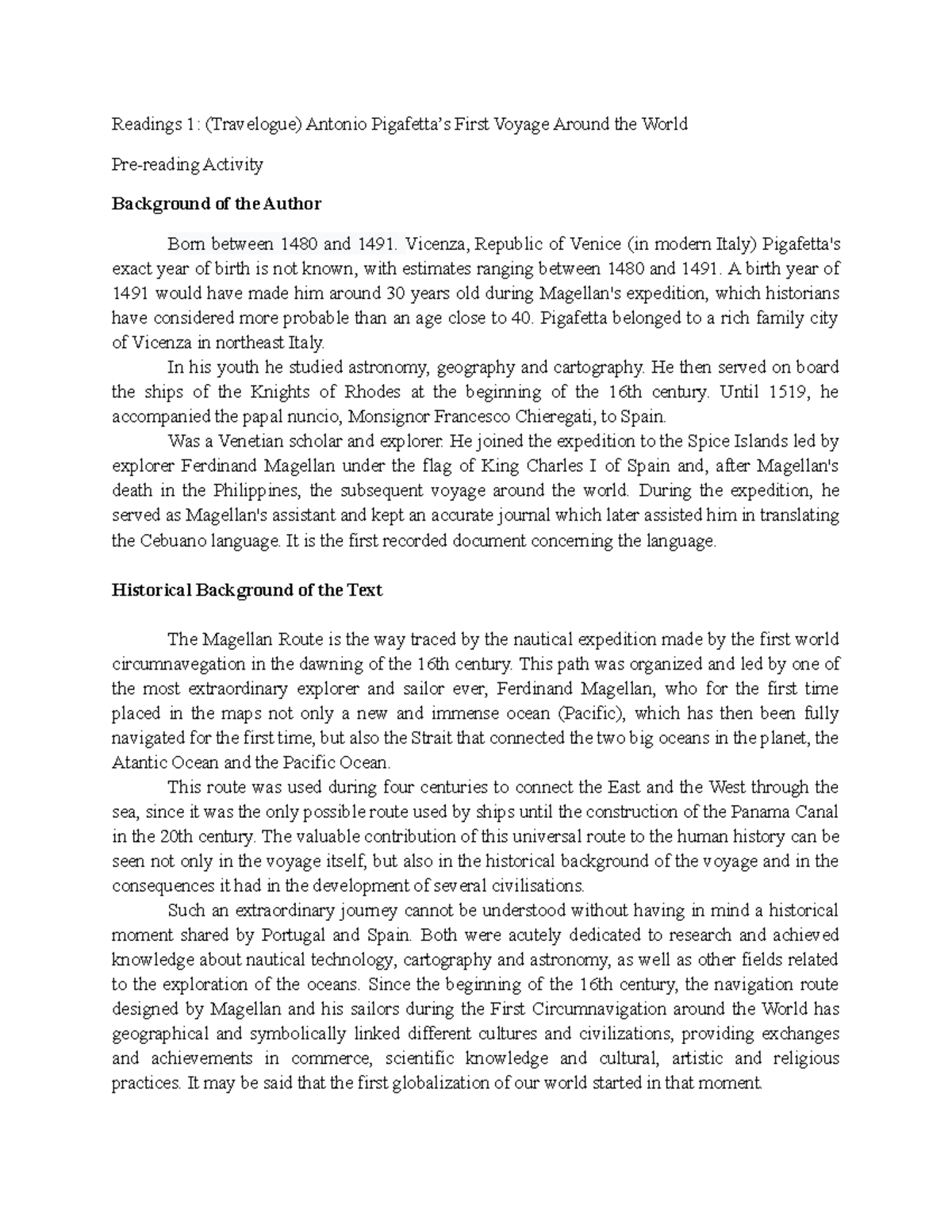 Readings 1 - Primary Sources: Antonio Pigafetta’s Voyage Insights - Studocu