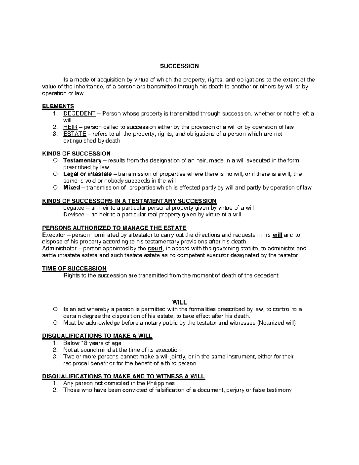 Basic Concepts of Succession and Wills: Key Elements and Types - Studocu
