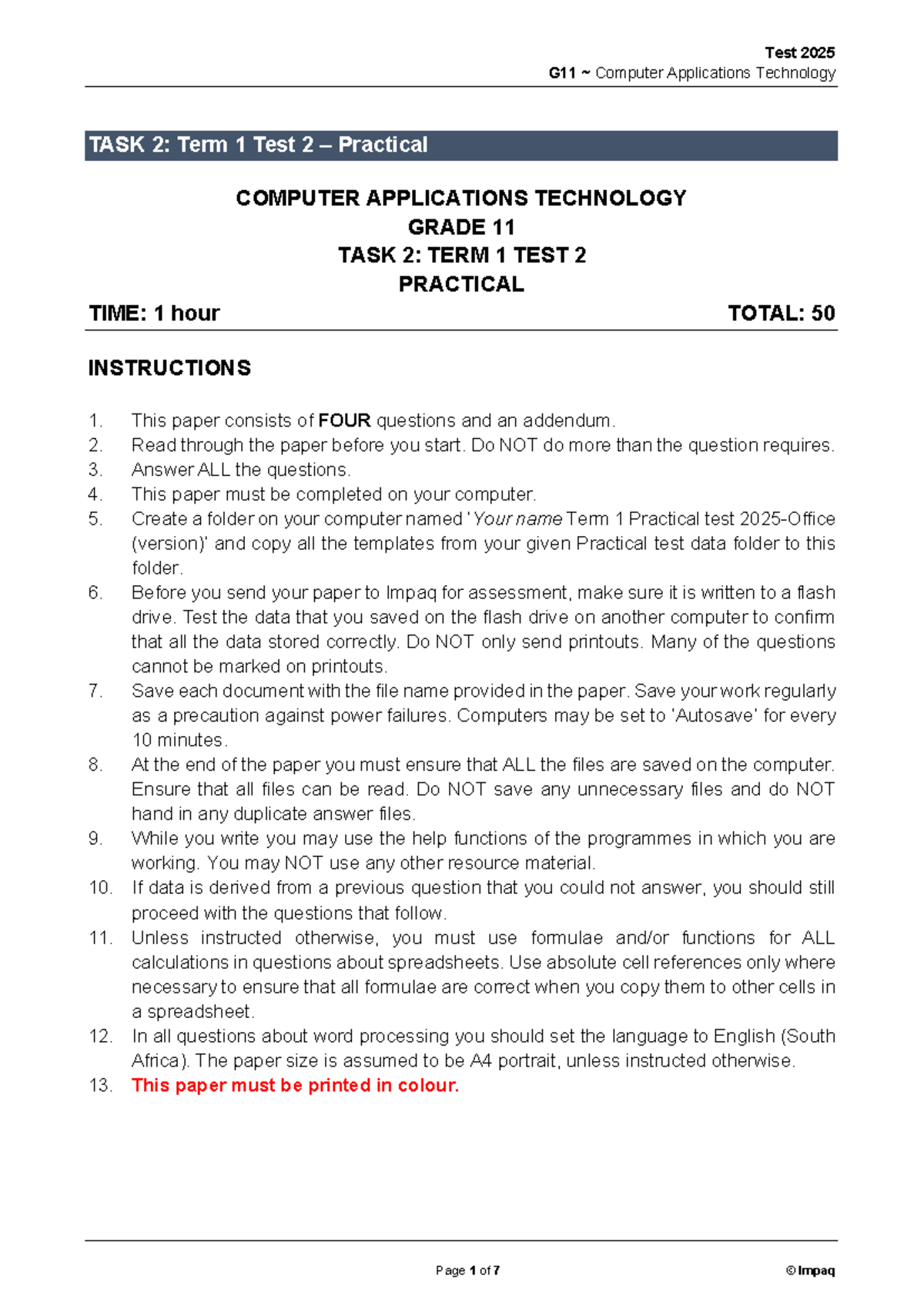 G11 Computer Applications Technology TASK 2: Term 1 Practical Test 2025 ...