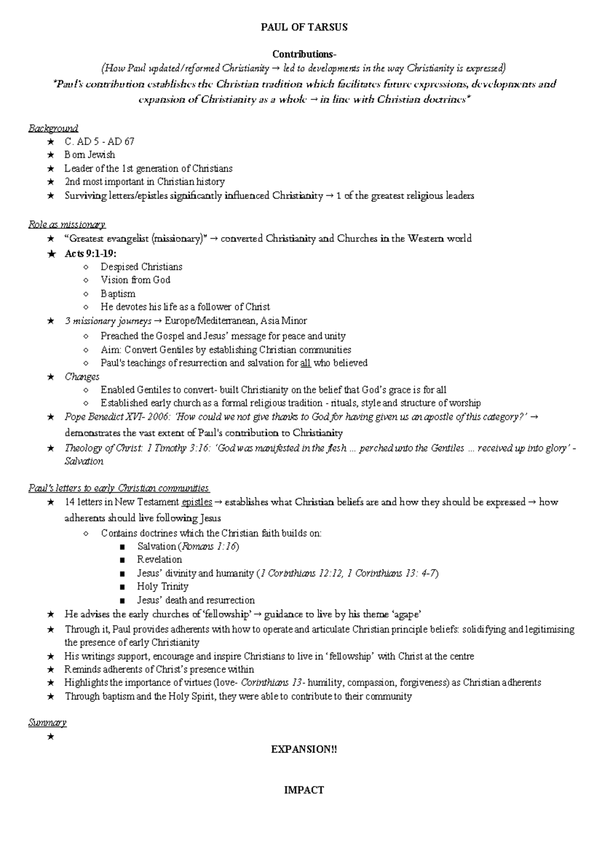 Christianity Depth Study: Paul of Tarsus & Bioethics Exploration - Studocu