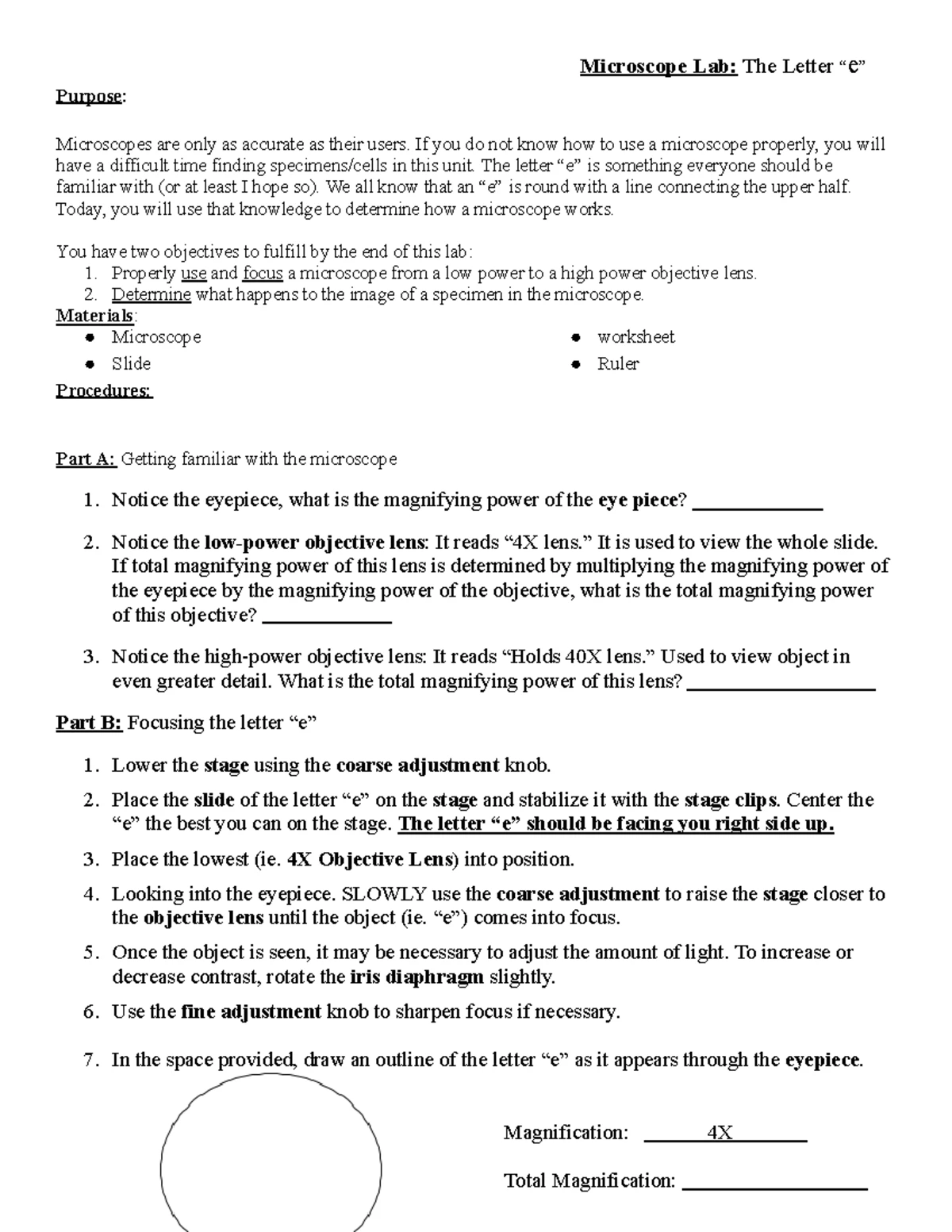 Microscope Lab: Exploring the Letter “e” – Practical Activity in 101 ...