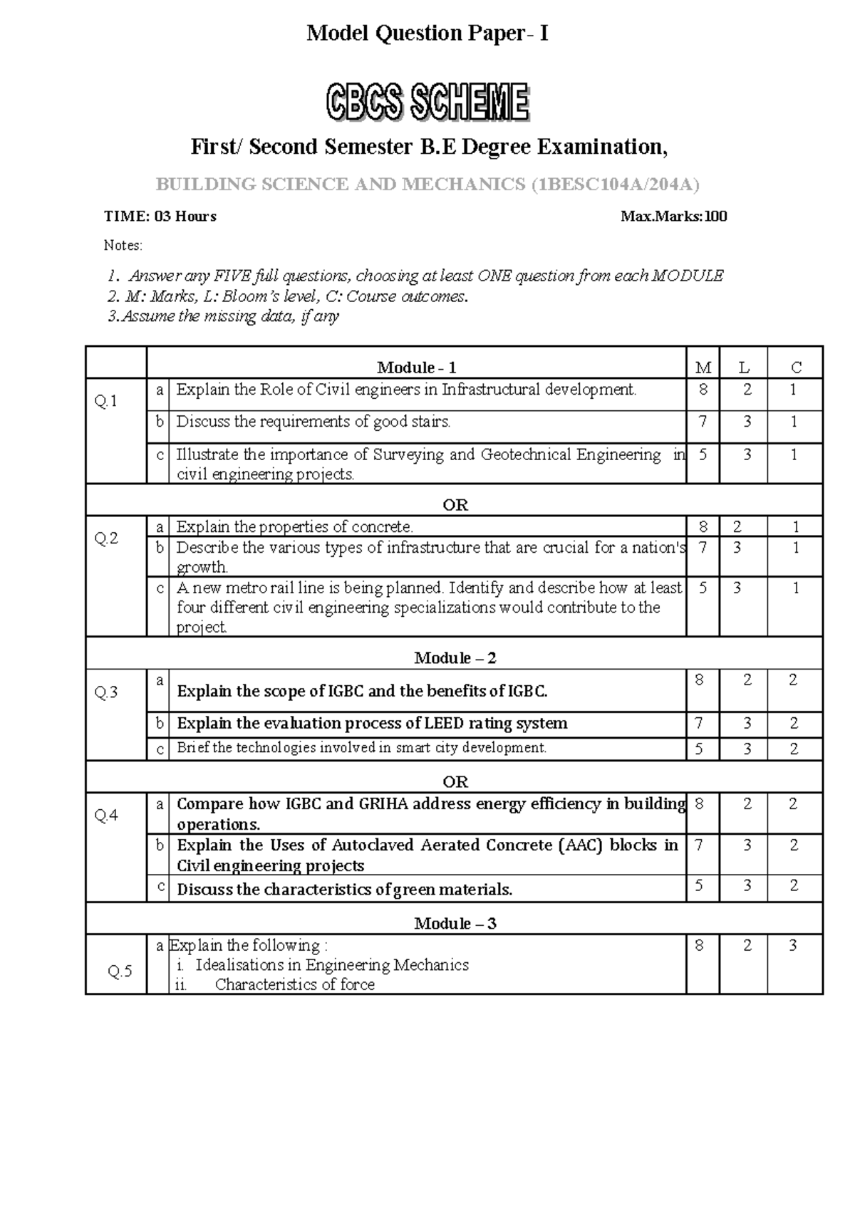 Model Question I - B.E. Degree Exam, Building Science & Mechanics - Studocu