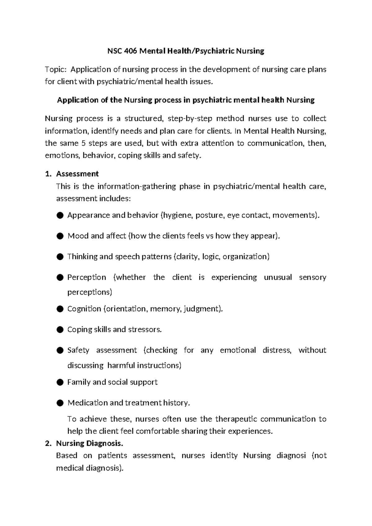 NSC 406 Final Exam: Nursing Process in Mental Health Care Plans - Studocu