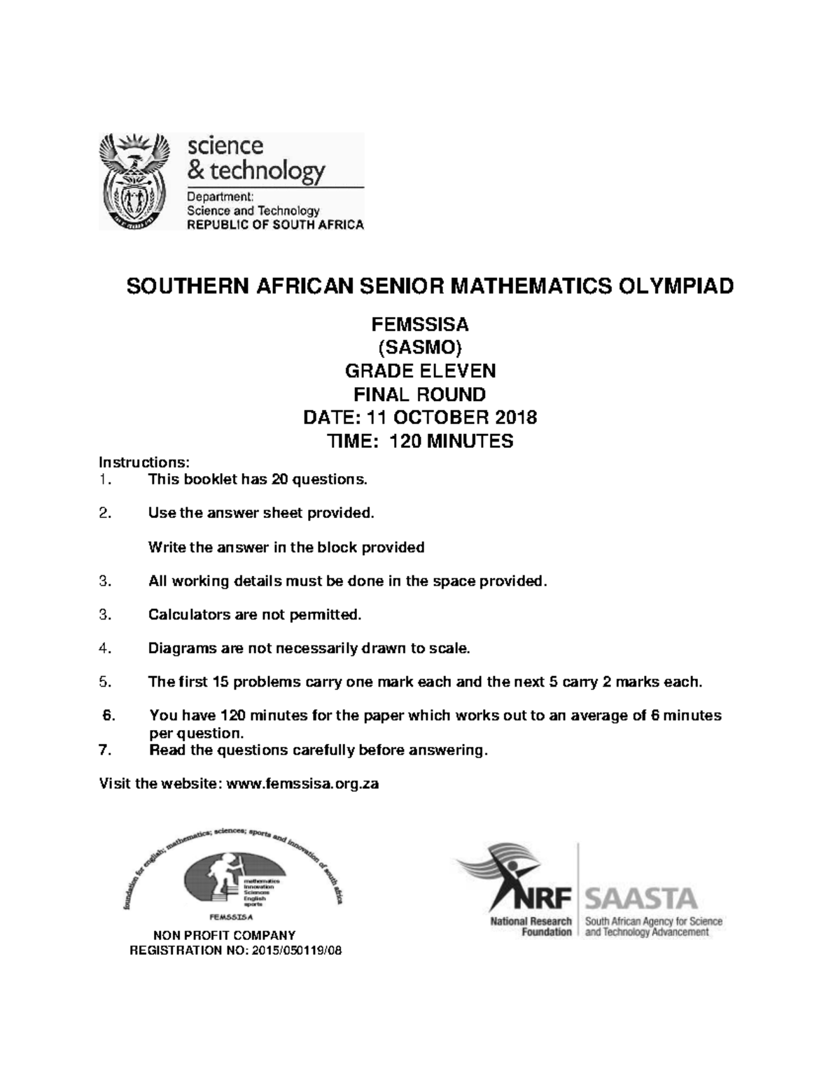 SASMO Grade 11 Final Round 2018 Questions and Instructions - Studocu