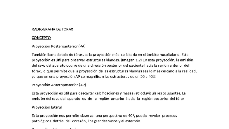 Radiografía de Tórax: Proyecciones PA, AP, Lateral y Oblicua - Studocu