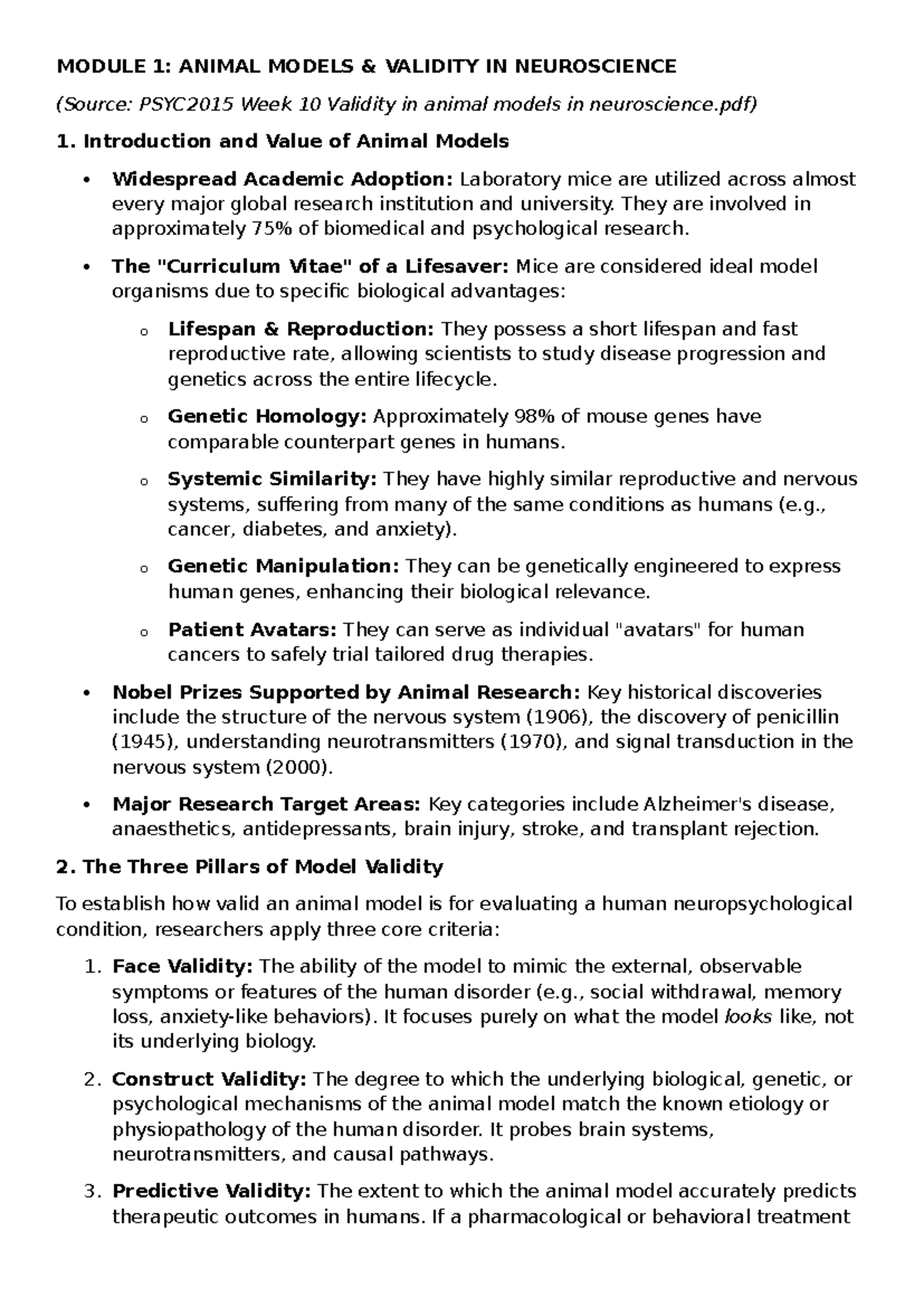 PSYC2015: Animal Models Validity in Neuroscience - Module Overview ...