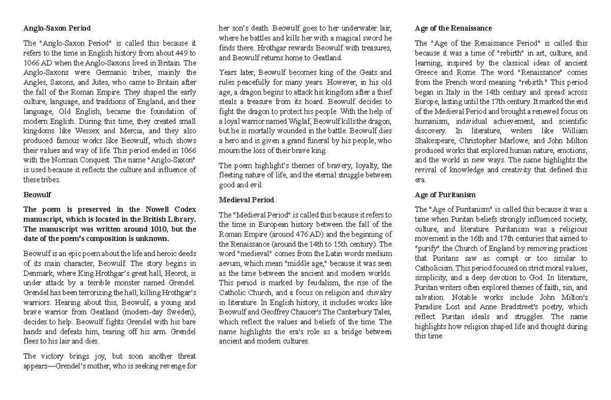 Eras (English Lit) - Lecture notes - Anglo-Saxon Period The "Anglo ...