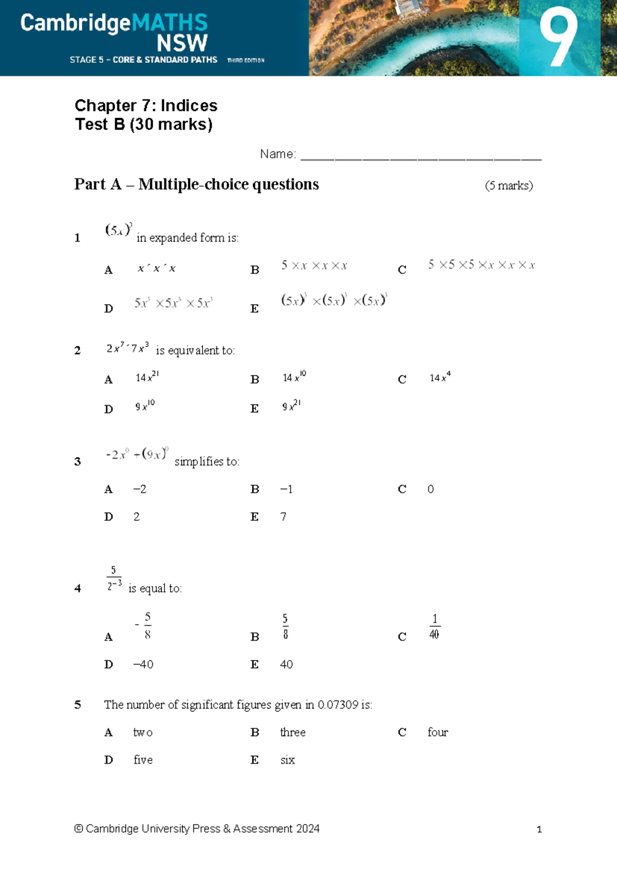 NSW3e 9 C&St Ch7 Indices Test B - mMATH (30 Marks) - Studocu