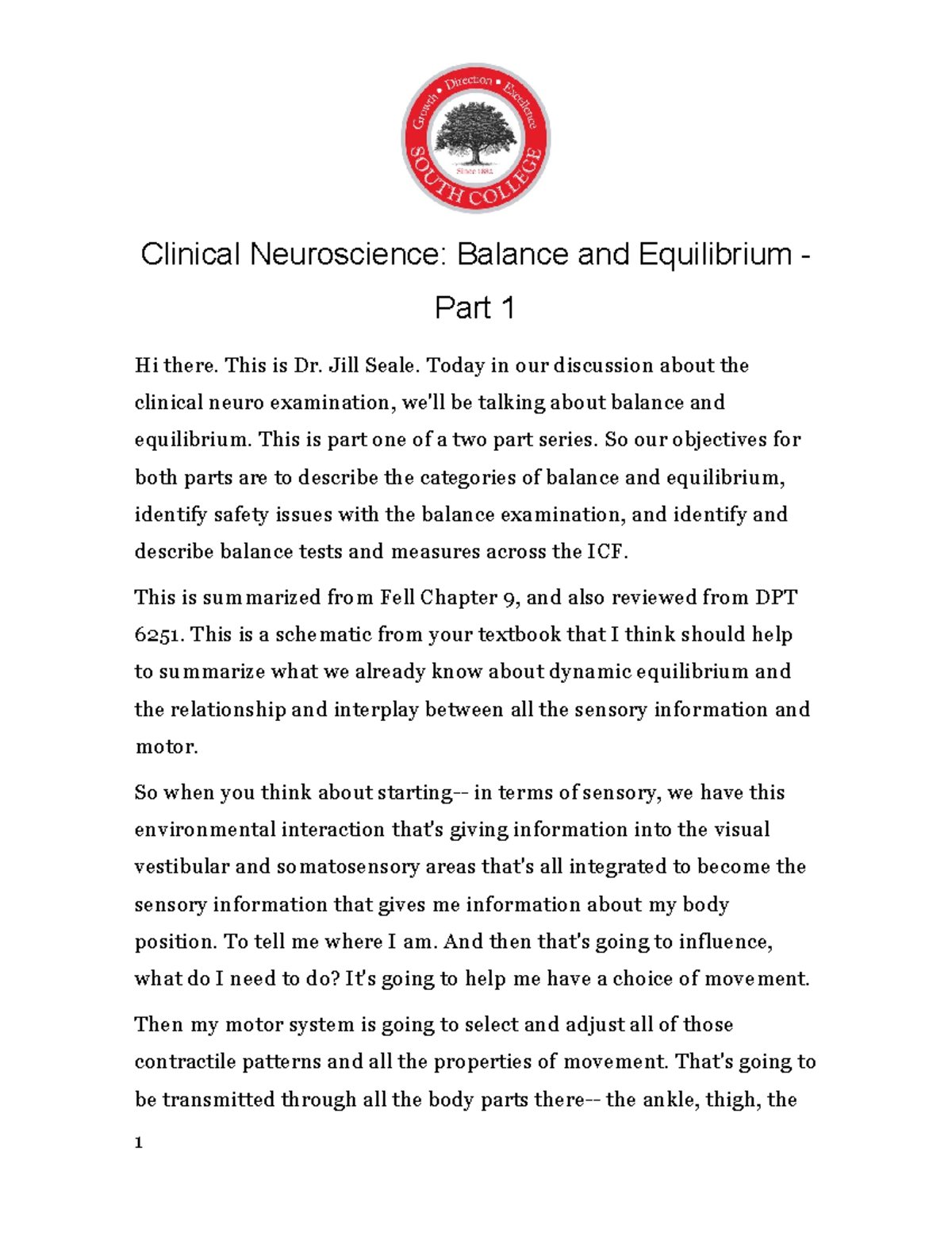 Clinical Neuroscience: Balance & Equilibrium - DPT 6251 Lecture Notes ...