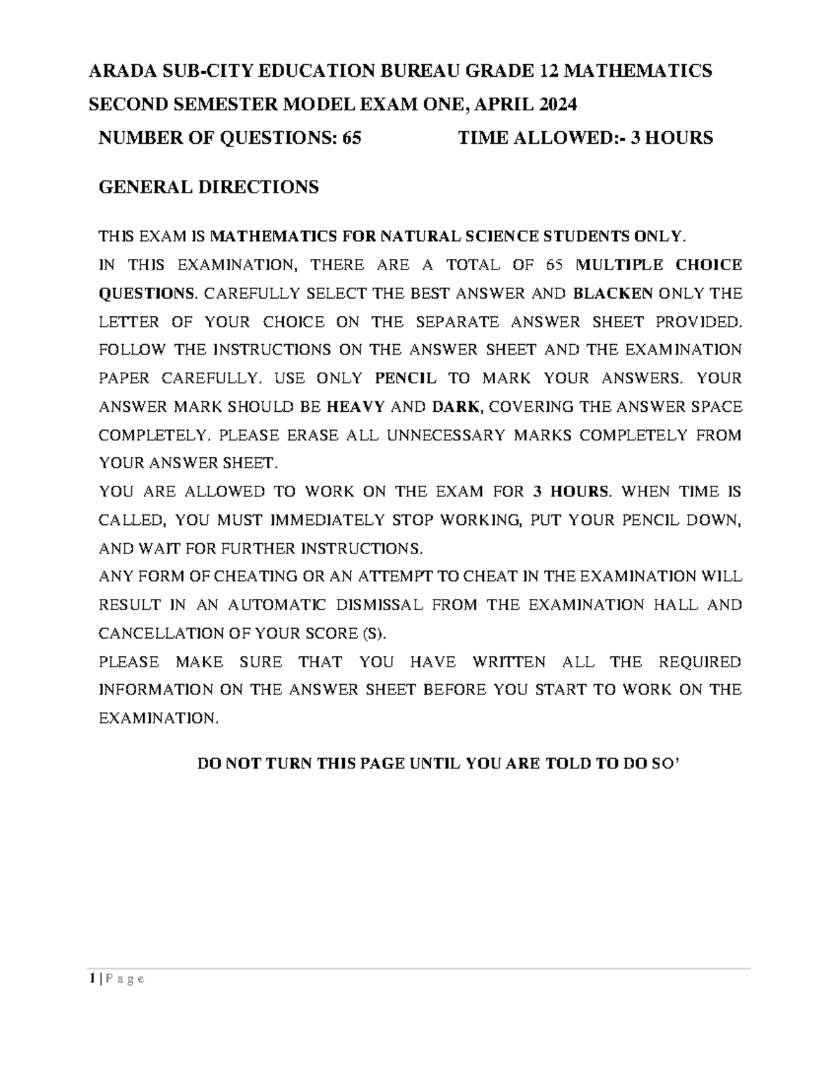 ARADA EDUCATION BUREAU GRADE 12 MATH SECOND SEMESTER MODEL EXAM 2024 ...