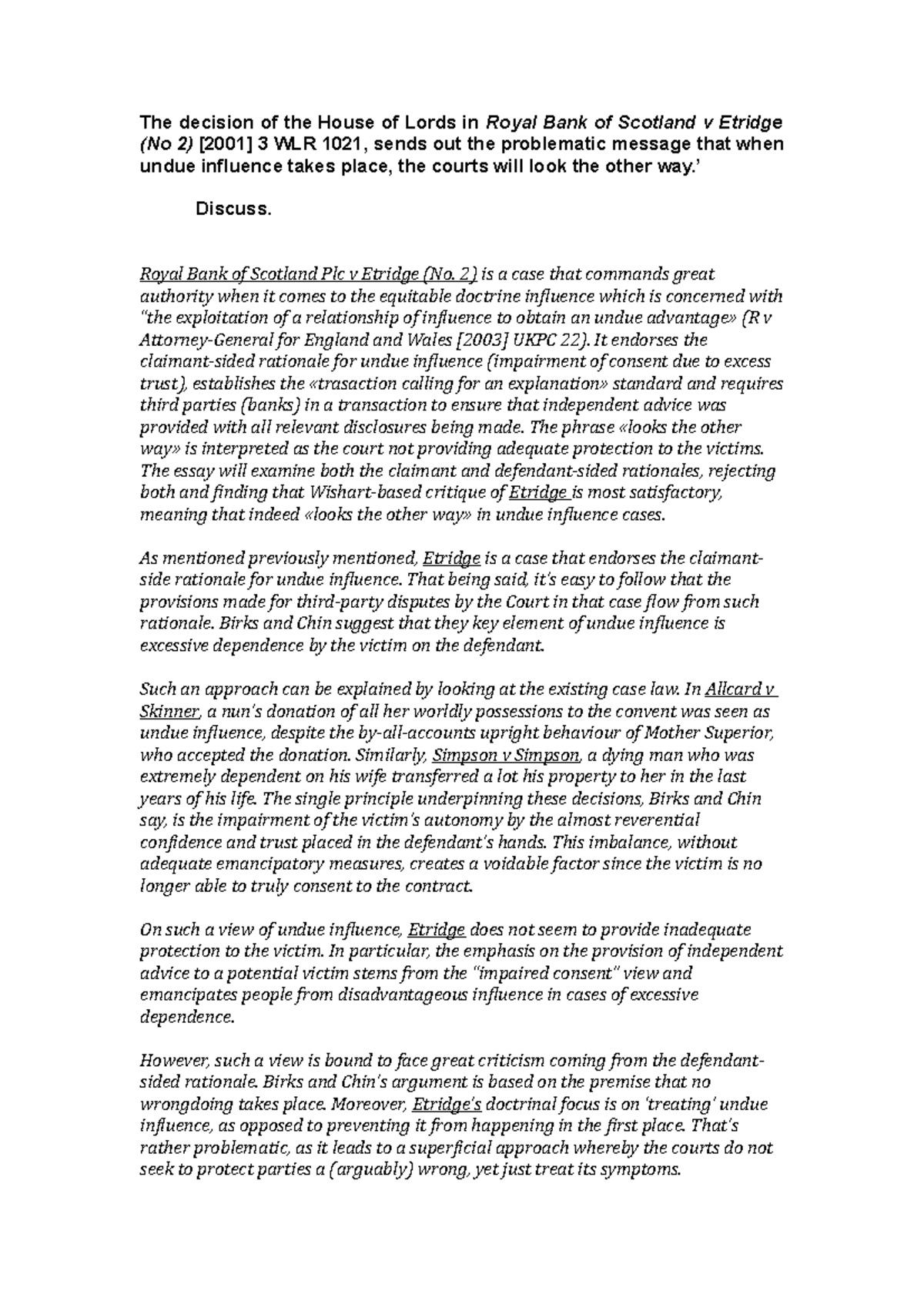 UD Essay - Undue Influence - The decision of the House of Lords in ...