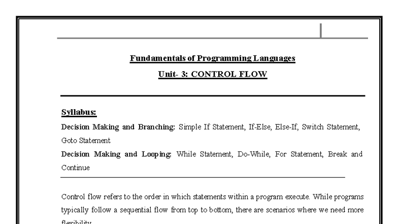 Unit 3: Control Flow in Programming Languages (FPL) Syllabus - Studocu