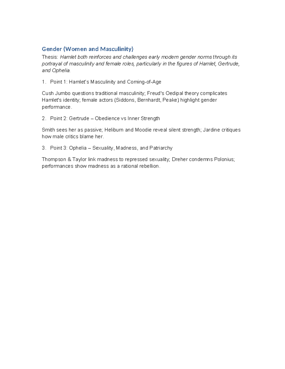 Hamlet (ENG 101) Essay Plan: Gender, Madness, Revenge, and Family ...
