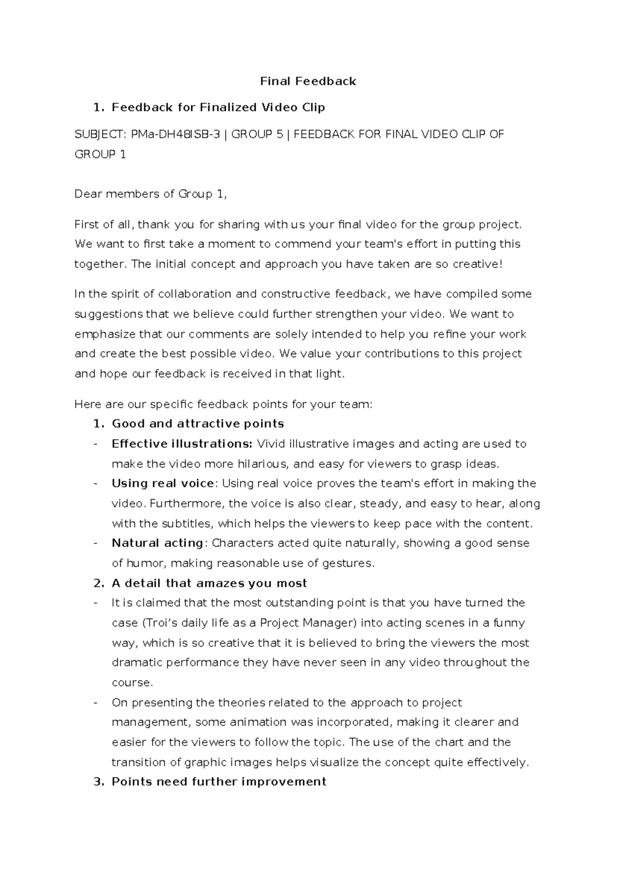 Final Feedback PMa - Final Feedback Feedback for Finalized Video Clip ...