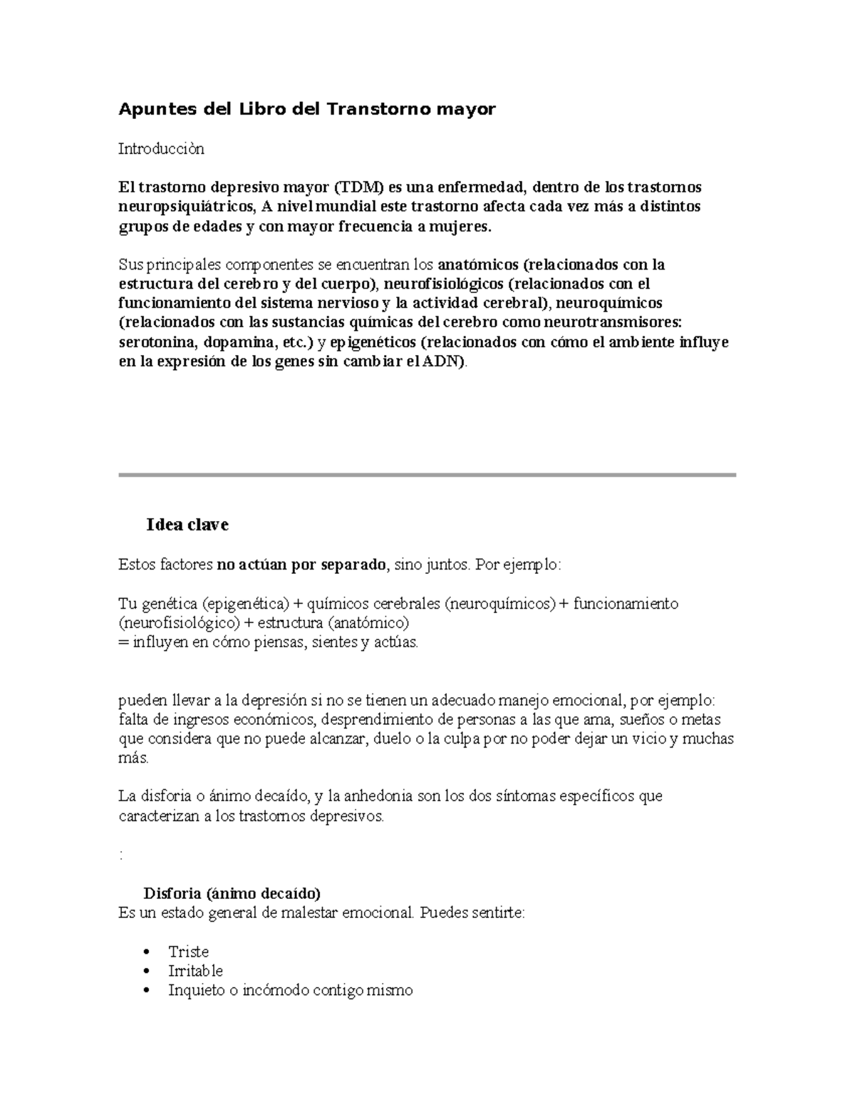 Apuntes sobre el Trastorno Depresivo Mayor (TDM) y sus Efectos - Studocu