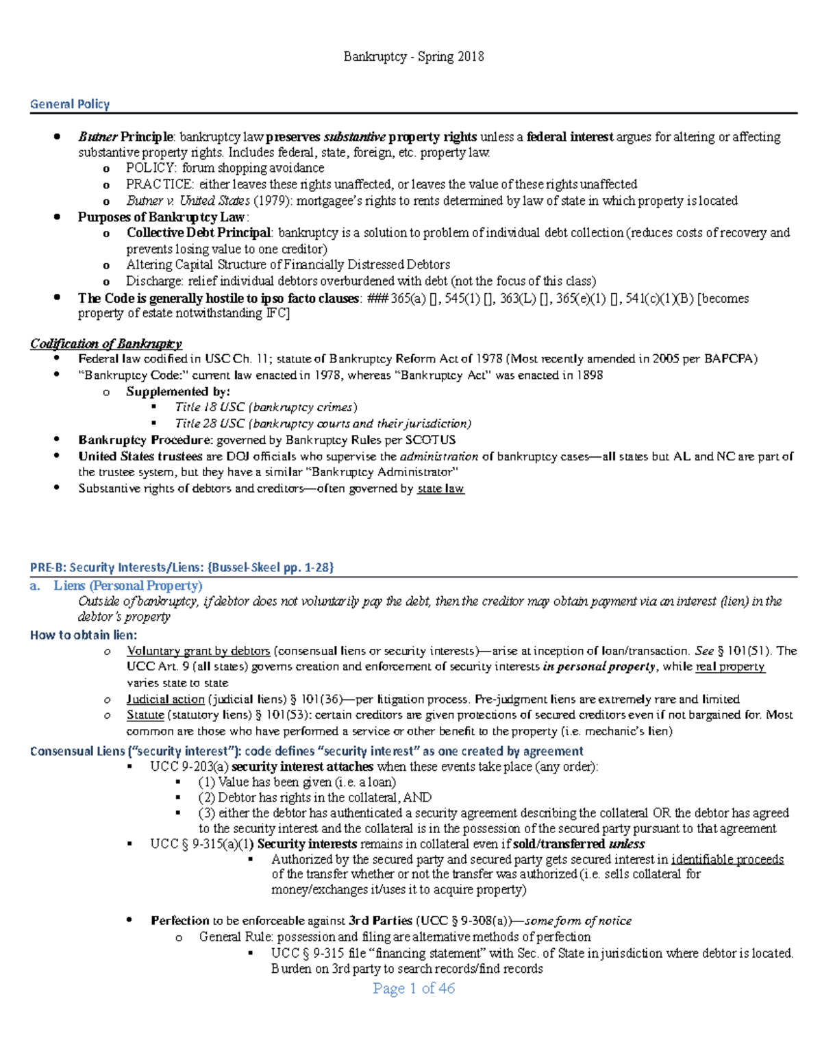 Bankruptcy Law Overview - Outline for LAW 301 Spring 2018 - Studocu
