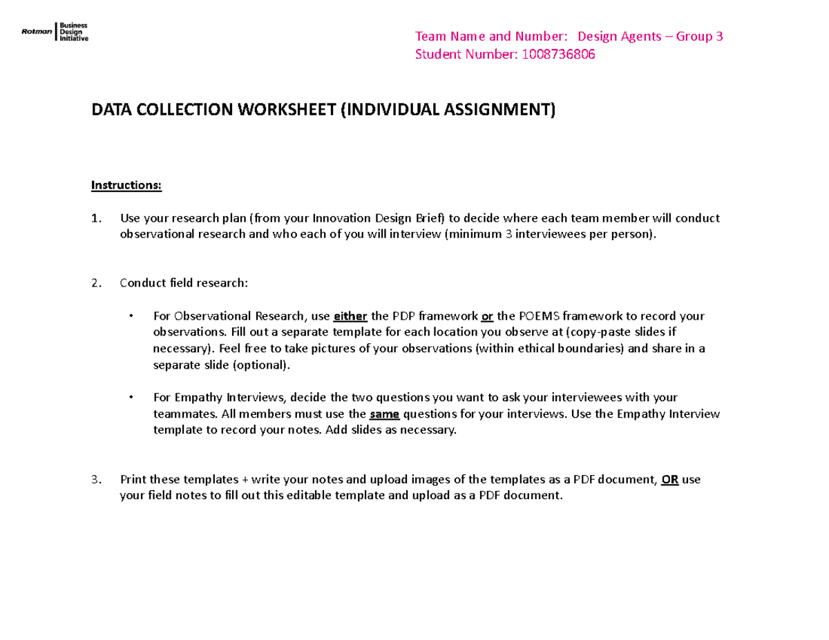 Teena - Data collection worksheet - DATA COLLECTION WORKSHEET ...